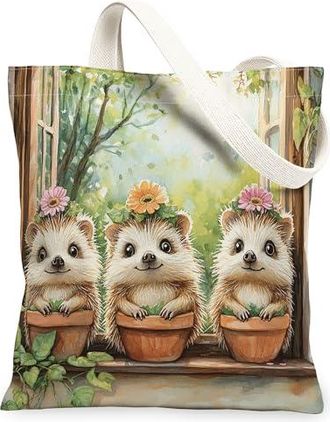 Generic Sac fourre-tout en toile motif h&eacute;risson printanier pour faire du shopping, 33 x 38,1 cm, motif animal en pot, sac d&eacute;picerie r&eacute;utilisable pour femme, p