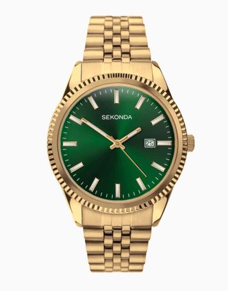 Sekonda King - Montre analogique pour homme à boîtier rond 40 mm en alliage doré, cadran vert et bracelet en acier inoxydable - Doré