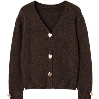 Generic Cardigan en m&eacute;tal avec boutons en forme de coeur et col en V, manches longues, surdimensionn&eacute;, tricot Ardigan de couleur unie, pull chaud, caf&eacute;, XL