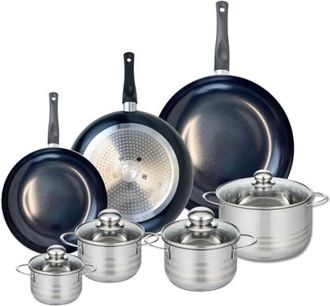 Fackelmann ELO 9752150 Batterie de cuisine 7 pièces, Ensemble de 3 Poêles de cuisson 24, 28 et 32 cm et 4 faitouts 12, 14, 16 et 20 cm Elo Prima Brillant, inox, 