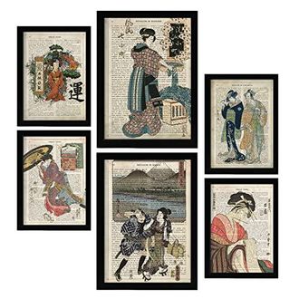 Nacnic Japon Affiches. Impressions de style papier vintage avec arri&egrave;re-plans dencyclop&eacute;die. Geishas japonaises Ukiyo-E. Design dint&eacute;rieur et d&eacute;coration. A4 