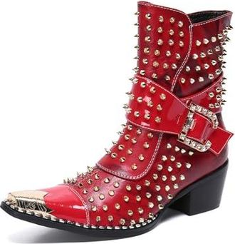 Generic Bottes de cowboy pour homme en cuir véritable avec fermeture éclair et pointe en métal, Rouge, 38 2/3 EU
