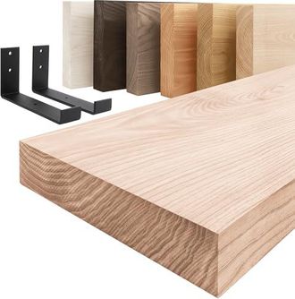 Lamofootwear Manufaktur étagère Murale en Bois Massif, Bord régulier, étagère de Rangement Industrial, Bois Brut/équerre Noire 160cm, LWG-01-A-001-160JS