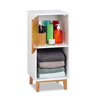 Relaxdays Standregal wei&szlig;, Beistellschrank aus MDF und Bambus, Wohnzimmerregal, skandinavisch, HBT 71x32x30 cm, White