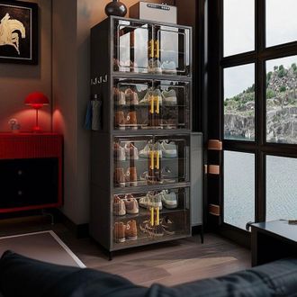 Generic Staubdichter Stapelbarer Schuhschrank, Transparente Schuhboxen mit Magnettüren, Leichter Plastikorganizer (Schwarz)(1Columns x 8Tiers)