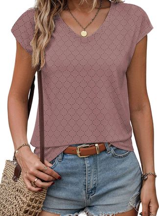 Zeagoo T Shirt Damen V Ausschnitt Kurzarm Blusentop Sommer Elegant Luftig Lochstickerei Shirt Rosa XXL