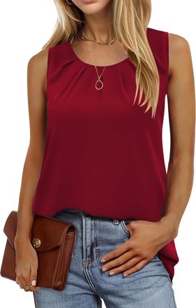 Zeagoo Tank Tops Damen Chiffon Blusentops Elegant Sommer Ärmelloses Oberteile Rundhals Doppellagiges Top Winerot M