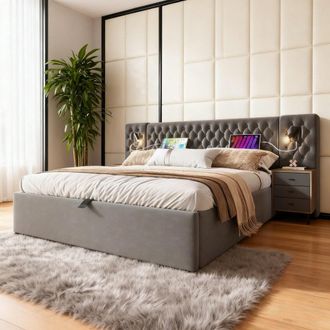 Generic Schlafzimmer-Komplettset mit Hydraulikfunktion & 2 Nachttischen - Polsterbett 160x200 cm in Grau (Samt) mit Leselicht & USB - Ohne Matratze