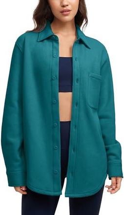 CRZ YOGA Veste Chemise Boutonnée Doublée en Polaire pour Femme Surdimensionnée avec Poche Jade Vert 42