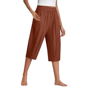 Generic Pantalon court en coton et lin pour femme en &eacute;t&eacute; ample grande taille en lin taille &eacute;lastique petits pieds sarouel polyvalent d&eacute;contract&eacute; pantalon cour