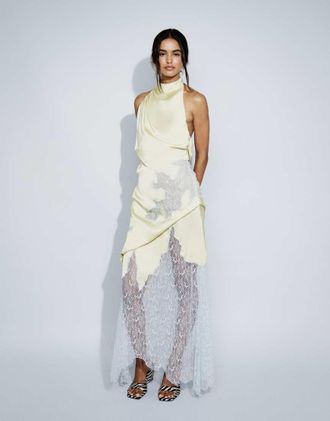 Topshop robe longue de c&eacute;r&eacute;monie en satin &agrave; col halter et ourlet en dentelle, vert citron et bleu