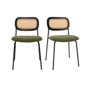 Miliboo Miliboo - Chaises design en tissu effet velours textur&eacute; vert kaki, m&eacute;tal noir et cannage rotin (lot de 2) miranda