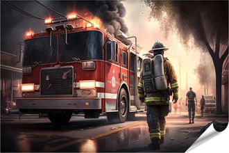 Islandburner XXL Bild Poster Szene Feuerwehrmann Feuerwehrauto Heroisch Rot Bereit zu Kämpfen Premium Bilder Fotodruck IUYV-PGR