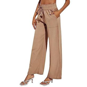 Generic Pantalon de maternit&eacute; pour femme - Pantalon d&eacute;contract&eacute; en coton et lin avec cordon de serrage - Taille &eacute;lastique - Pantalon large avec poches - Panta