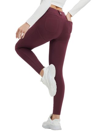 Baleaf Damen Thermo Leggings High Waist Sport Leggings mit Taschen Fleece gefütterte Sporthose Winter Outdoor Thermohose Workout Yoga Slim Fitness Rot XS