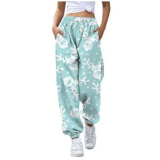 Generic Pantalon de No&euml;l pour femme - Pantalon de jogging taille haute avec motif amusant de bonhomme de neige et de t&ecirc;te de cerf - Pantalon de surv&ecirc;tement co