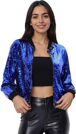 Allegra K Blouson bomber court &agrave; paillettes &agrave; manches longues et fermeture &eacute;clair pour femme, bleu, M