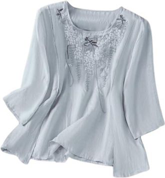 Generic Chemisier d&eacute;t&eacute; boh&egrave;me en lin pour femme - Col rond - Broderie florale - Tunique hippie &agrave; volants sur le devant pour personnes &acirc;g&eacute;es - Tendance - R&eacute;tro