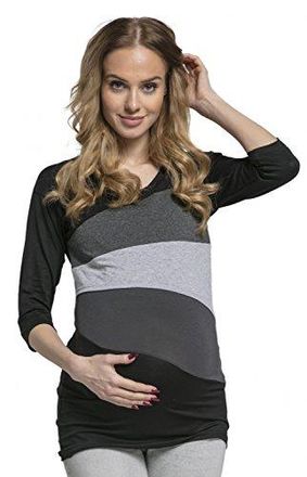 Happy Mama Femme Top Maternit&eacute; Allaitement Double Couches Bloc de Couleur. 217p (Graphite M&eacute;lange, 44, 2XL)