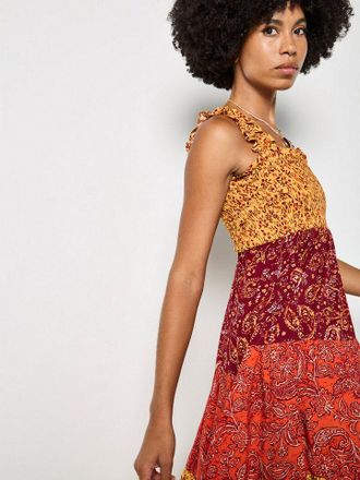 Apricot Maxikleid Patchwork-Maxikleid mit Blumen- und Paisley-Muster