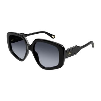 Chlo&eacute; Femme, Accessoires, Noir, Taille: 56 MM Lunettes de soleil g&eacute;om&eacute;triques oversize avec d&eacute;tail en cuir