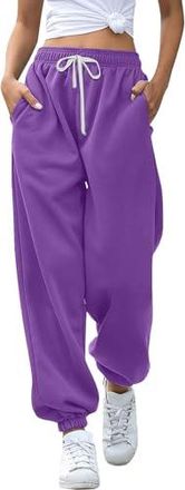 Generic Pantalon de surv&ecirc;tement pour femme - Taille haute - Taille &eacute;lastique - Coupe droite - Coupe d&eacute;contract&eacute;e - Couleur unie - Avec poches et cordon de ser