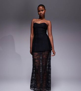 KAIIA Exclusivit&eacute; - Robe bandeau longue et structur&eacute;e avec jupe contrastante &agrave; ourlet en dentelle transparent - Noir