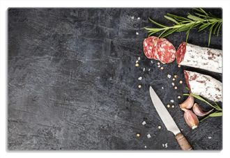 Wallario Frühstücksbrettchen aus Glas, Glasunterlage, Glasbrettchen Salami, Rosmarin und Knoblauch, Größe 20 x 30 cm, Sicherheitsglas