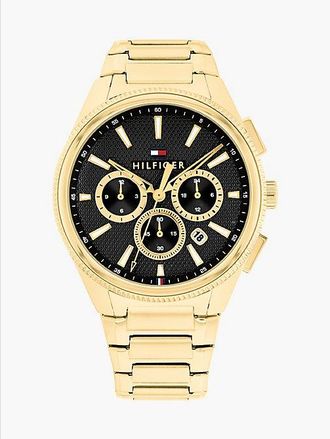 Tommy Hilfiger Montre &agrave; maillons plaqu&eacute; or &agrave; cadran noir