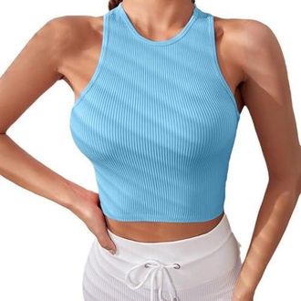 Generic Débardeur en dentelle pour femme - Couleur unie - Tendance - Décontracté - Séchage rapide - Sans manches - Haut vieilli pour femme, bleu, M