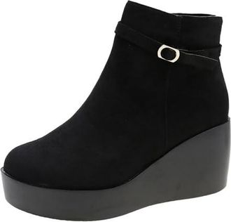Generic Bottines à talon compensé pour femme avec sangle à boucle confortable et bout rond Fermeture éclair Chaussures dhiver, Noir, 40.5 EU