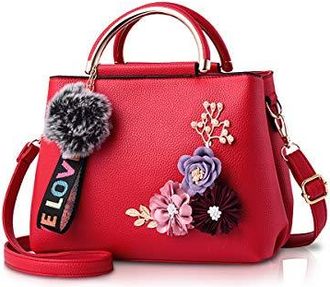 Nicole & Doris NNICOLE&DORIS femmes Cuir Sacs à main Sacs à bandoulière avec fleur Ancien Sac à poignée Designer Fourre-tout sac à main avec Pom Pom rouge