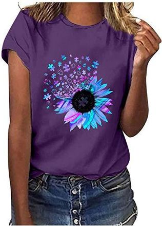 Generico T-shirt Manches Courtes Femme Élégant 2025 Chemise Col rond Curvy Chemises avec Fleurs Imprimé Loose Maillots Couleur Unie Casual Vêtements Basic T-sh