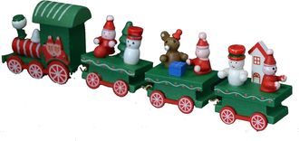 Generico Dekorativer Weihnachtszug aus Holz, 3 Wagen, festliches Design mit Schneemännern und Bären, Grün und Rot