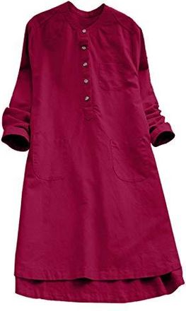 Generic Chemisier long pour femme - Robe d&eacute;t&eacute; &agrave; manches 3/4 - Col rond - T-shirt long - Couleur unie - Chemise d&eacute;contract&eacute;e - Boutons - Avec poche - Robe chem