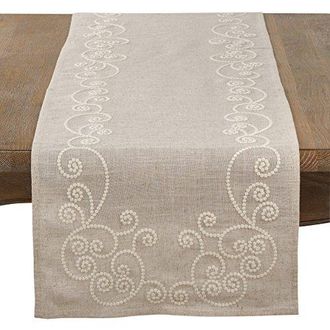 Saro Lifestyle Embroidered Swirl Design Linen Blend Tischl&auml;ufer, Polyester, Natur, 16 x 72