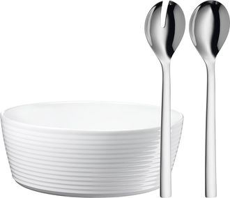 WMF Nuova Salatschüssel Set 3-teilig, Salatbesteck Edelstahl 30 cm mit Salatschale, Cromargan Edelstahl poliert, Porzellan, spülmaschinengeeignet