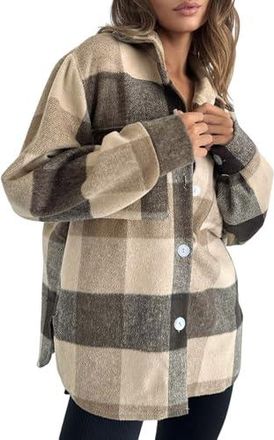 Generic Vestes &agrave; carreaux pour femmes 2026 &agrave; manches longues en flanelle &agrave; revers boutonn&eacute;e veste manteaux, caf&eacute;, XL