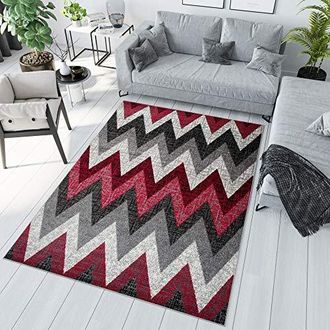 Tapiso Jawa Tapis de Salon Chambre Ado Design Moderne Rouge Gris Cr&egrave;me G&eacute;om&eacute;trique Zigzags Fin Deux Frise 80 x 150 cm