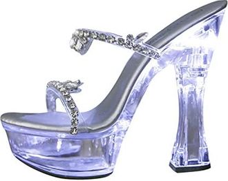 Generic Sandales &agrave; talons hauts pour femme avec strass lumineux et talons hauts - Chaussures tendance et sexy - 14 cm - Large largeur, Argent&eacute;., 39 EU
