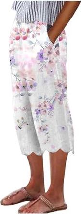 Generic Pantalon L&eacute;ger Femme Fluide Ete en Lin &Eacute;t&eacute; Pantalon Court Imprim&eacute; &Agrave; La et D&eacute;contract&eacute; pour Femmes avec Poches en Lin Vetement Femme Ete Fluide Jupe Cu