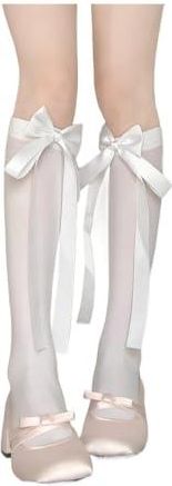 Generico Chaussettes au genou Bowknot Harajuku pour femme, noir et blanc (2 paires), blanc, Taille Unique