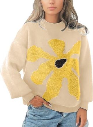 Generic Pull tricoté à col rond pour femme avec joli noeud imprimé pour femme, décontracté, ample, manches longues, vêtements dautomne et dhiver, Z07-beige, S