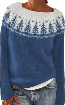 Generic Pull tricoté à rayures pour femme - Confortable - Col bateau surdimensionné - Manches longues - Léger - Tricot côtelé - Chemisier bohème pour lautomne