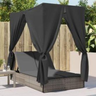 Les Tendances Chaise longue double avec toit et rideaux gris r&eacute;sine tress&eacute;e
