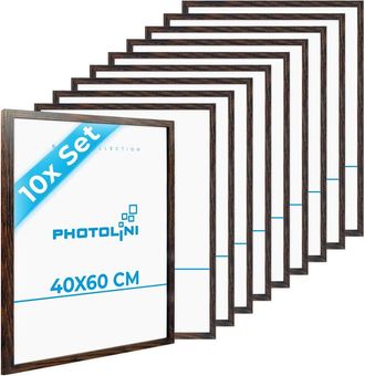 Photolini Bilderrahmen 40x60 Eiche dunkle 10er Set Holz MDF, Bilderrahmen 60x40, picture frame 40x60 mit bruchsicherem Acrylglas zum Aufhängen, Rahmen 60x40 mit