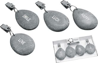Boltze Boltze 4er Set Tischdeckenbeschwerer aus Naturstein - Mit Stahlclips, maximale Klemmkraft - Insgesamt ca. 240 g schwer - Happy, Luck, Love, Smile Aufd
