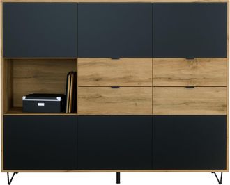 Vladon Highboard Marino V2, Sideboard mit 6 Türen Schwarz matt und 4 Schubladen Eiche Evoke, Made in Germany, Korpus Eiche Evoke (152,5 x 125,5 x 37 cm)