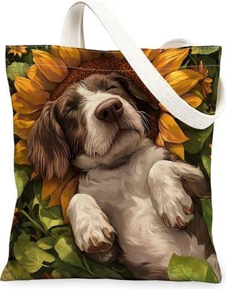 Generic Sac fourre-tout en toile &agrave; poils longs allemands pour le shopping, 33 x 38 cm, motif imprim&eacute; de feuille de tournesol, chiot r&eacute;utilisable, sac d&eacute;piceri