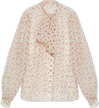 Dolce & Gabbana Femme, Blouses et Chemises, Beige, Taille: 38 FR Haut en Soie &agrave; Motif Floral